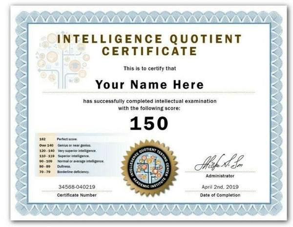 IQ TEST SCORE CERTIFICATE DIPLOMA - INTELLIGENCE QUOTIENT - Office Des ...